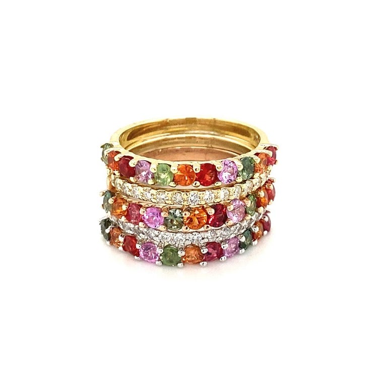 Multi-Color Sapphire and Diamond Gold Stackable Bands For Sale at 1stDibs