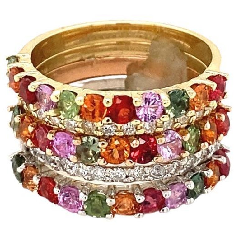 Multi-Color Sapphire and Diamond Gold Stackable Bands For Sale at 1stDibs