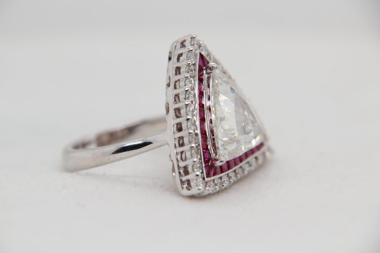 3.43 Carat Triangle Rose Cut Diamond and Ruby Ring For Sale at 1stDibs
