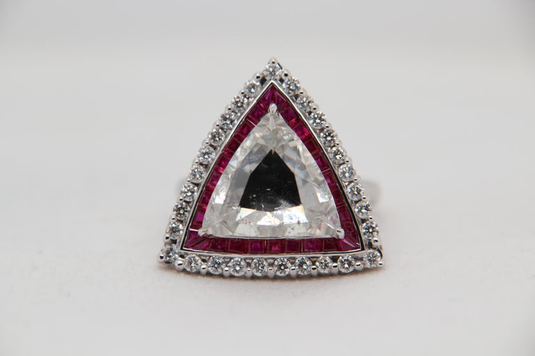 3.43 Carat Triangle Rose Cut Diamond and Ruby Ring For Sale at 1stDibs