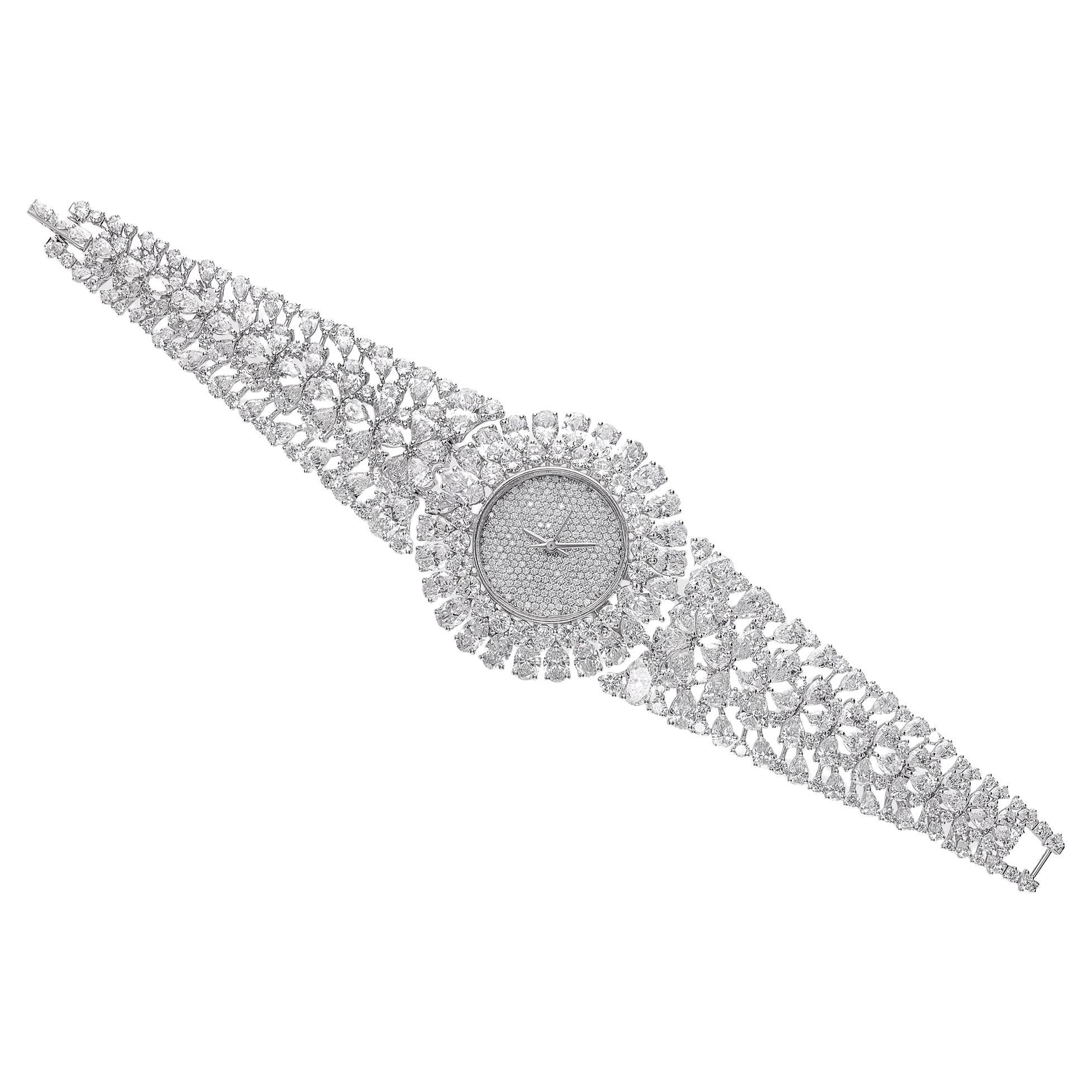 34.50 Carat Pear Round Brilliant Cut Diamond Wrist Watch 18 Karat White ...