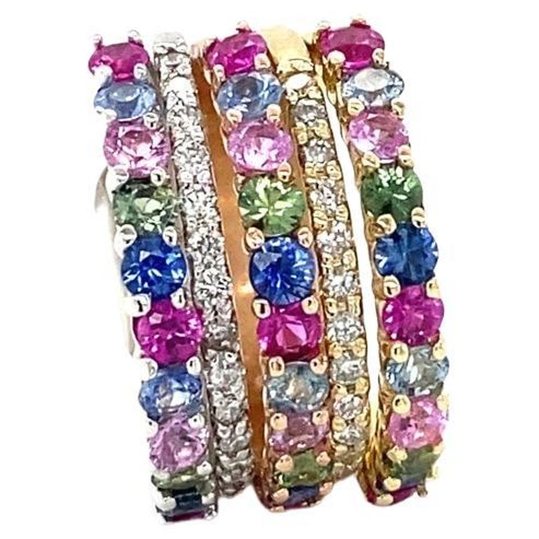 3.48 Carat Multi-Color Sapphire Diamond Gold Stackable Bands For Sale ...