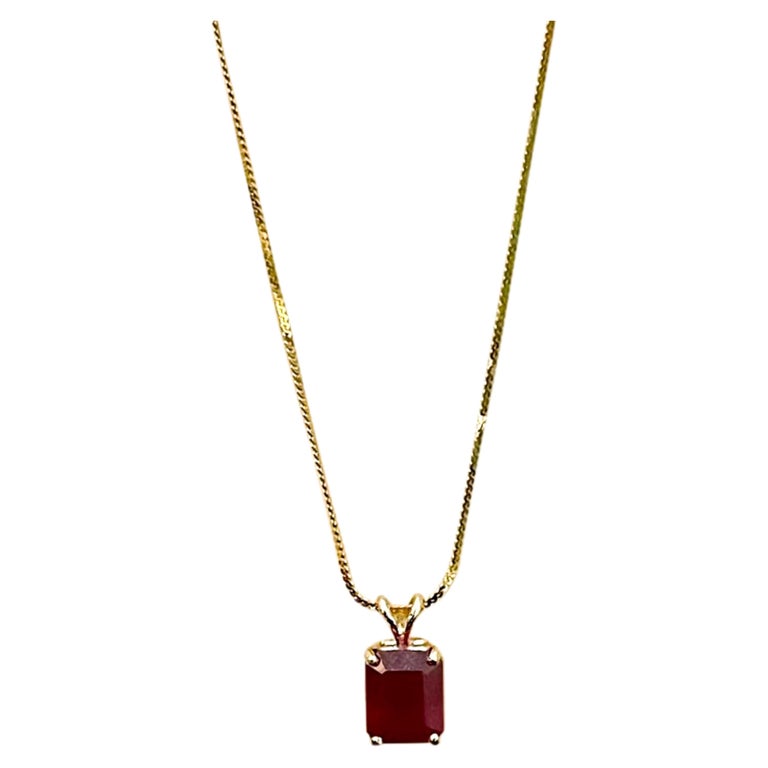 3.5 Carat Emerald Cut Ruby Pendant 14 Karat Yellow Gold Chain at 1stDibs
