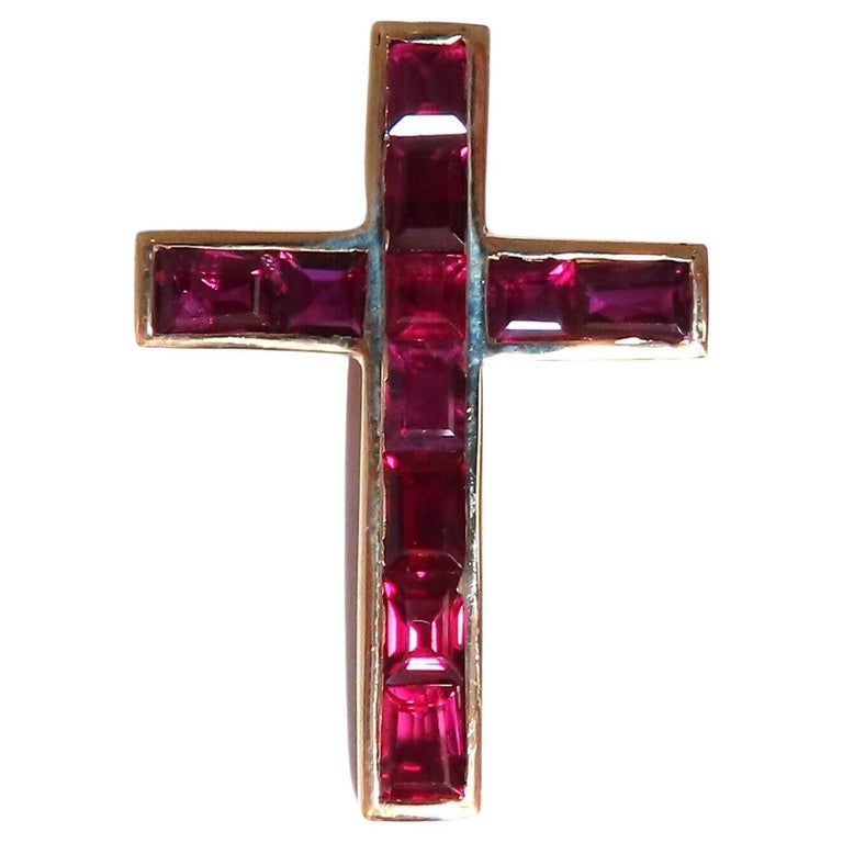 3.50ct Natural Ruby Cross Pendant 14kt Channel Baguette For Sale at 1stDibs