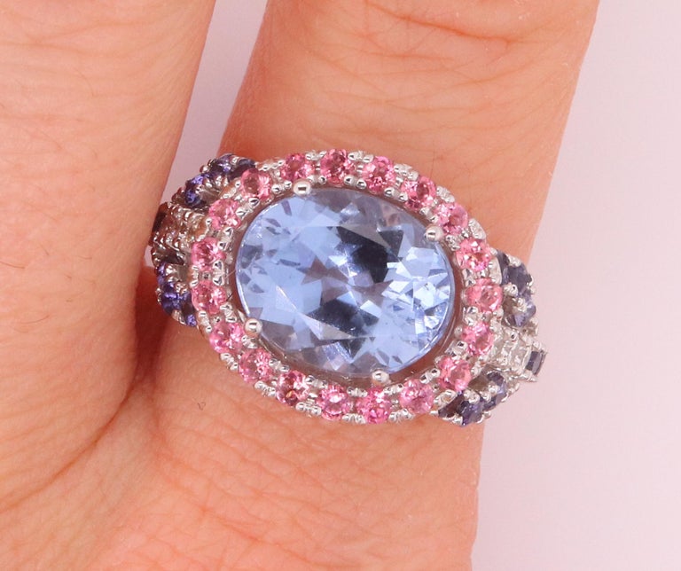 Oval Natural Blue Beryl, Pink Tourmaline Iolite East West Cocktail Ring ...