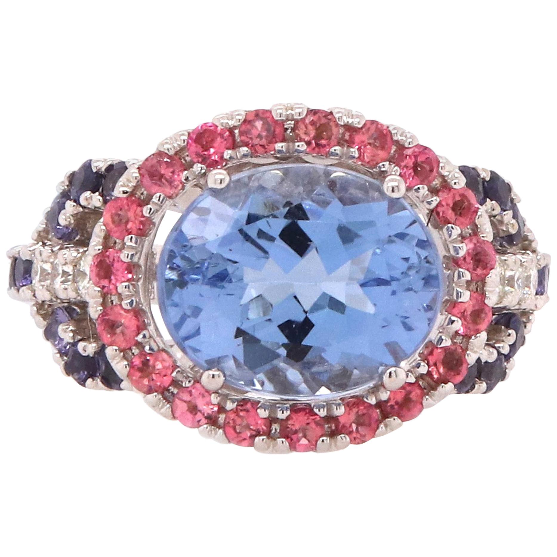 Oval Natural Blue Beryl, Pink Tourmaline Iolite East West Cocktail Ring ...