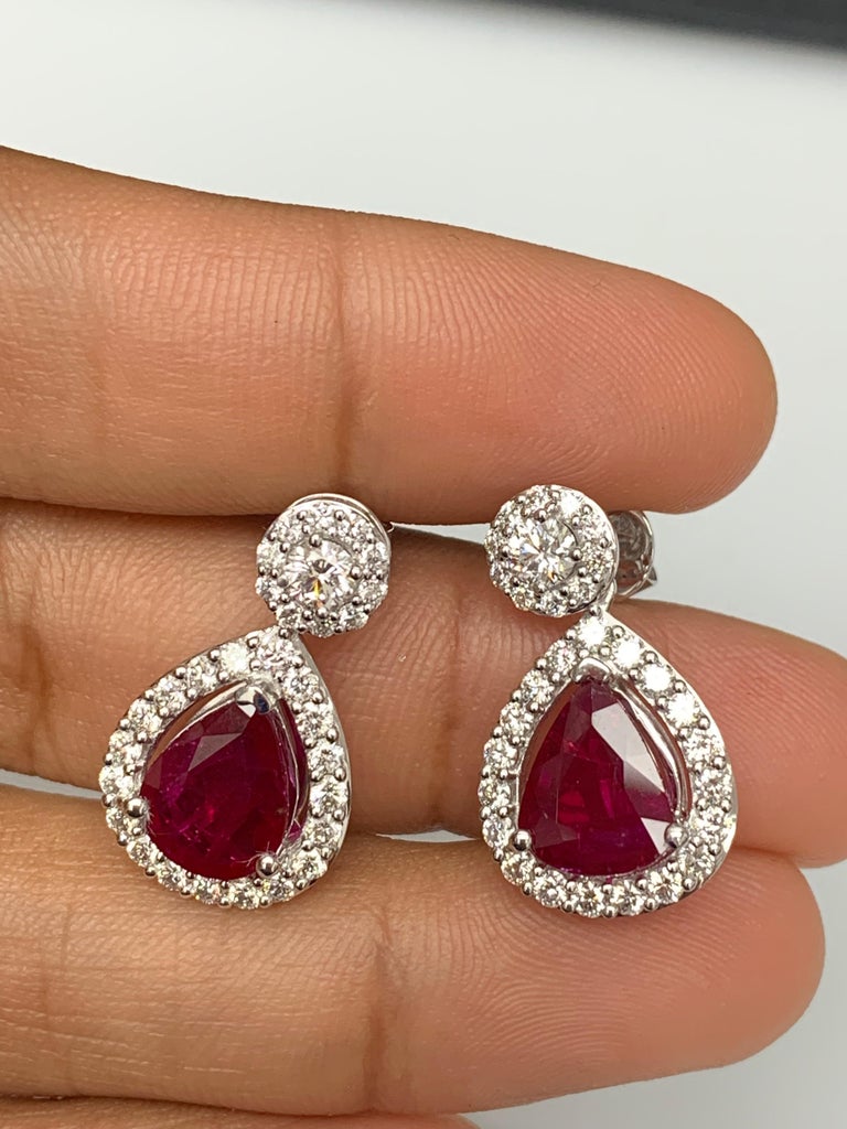 3.56 Carat of Pear Shape Ruby Diamond Drop Earrings in 18K White Gold ...