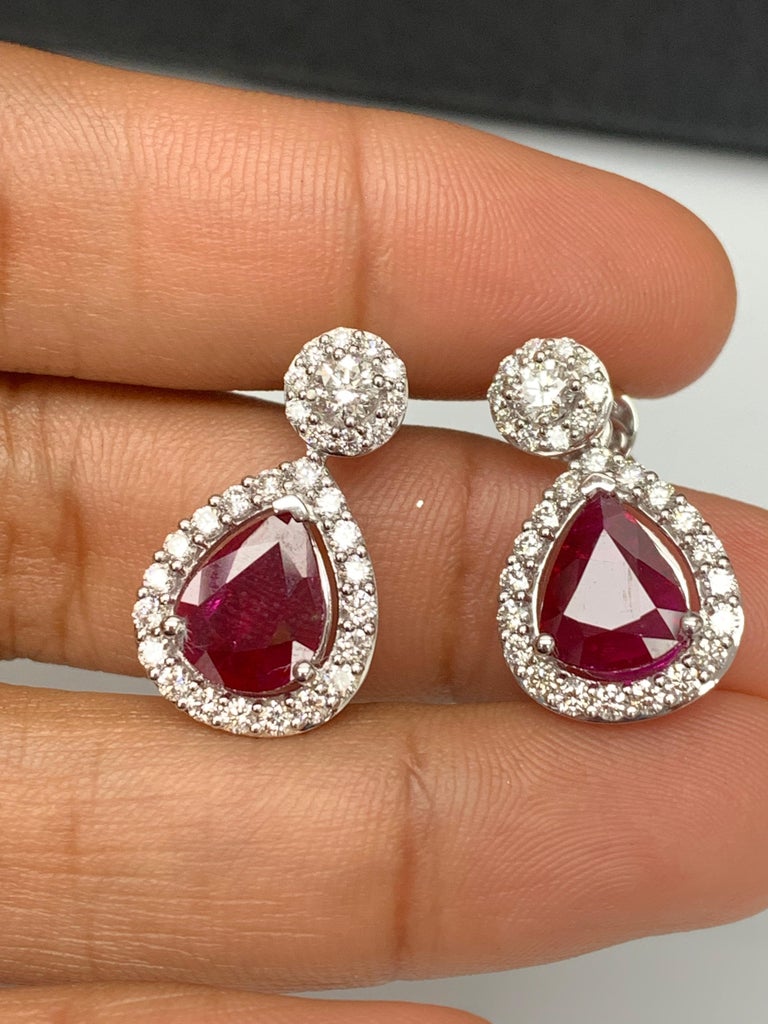 3.56 Carat of Pear Shape Ruby Diamond Drop Earrings in 18K White Gold ...