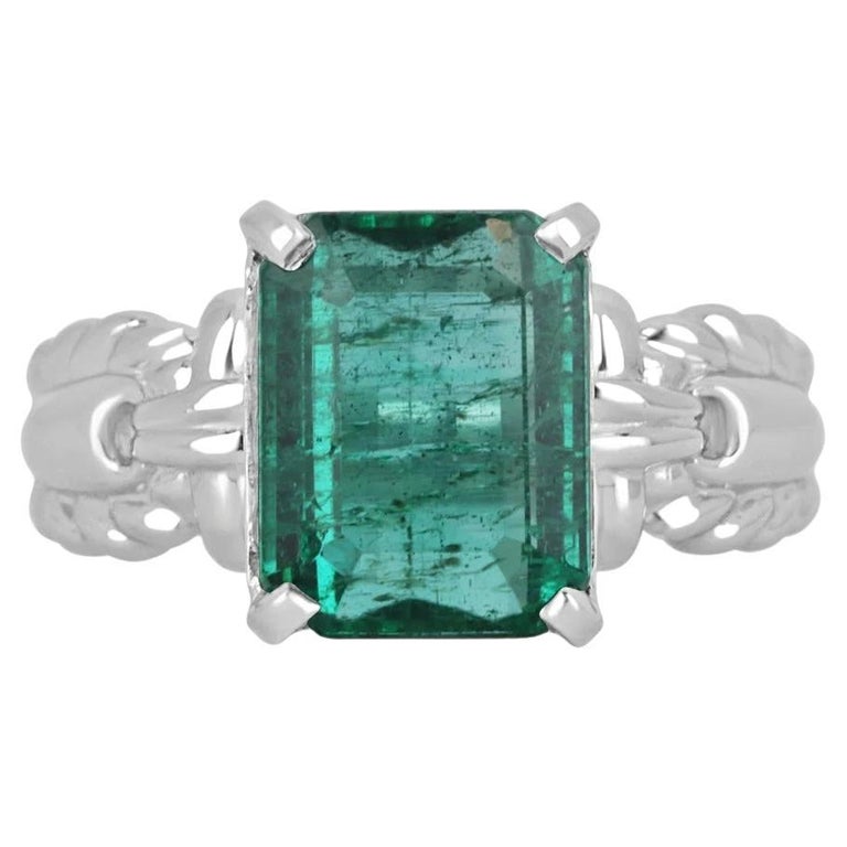 3.59cts Plat Natural Emerald-Emerald Cut Solitaire Vintage Hook ...