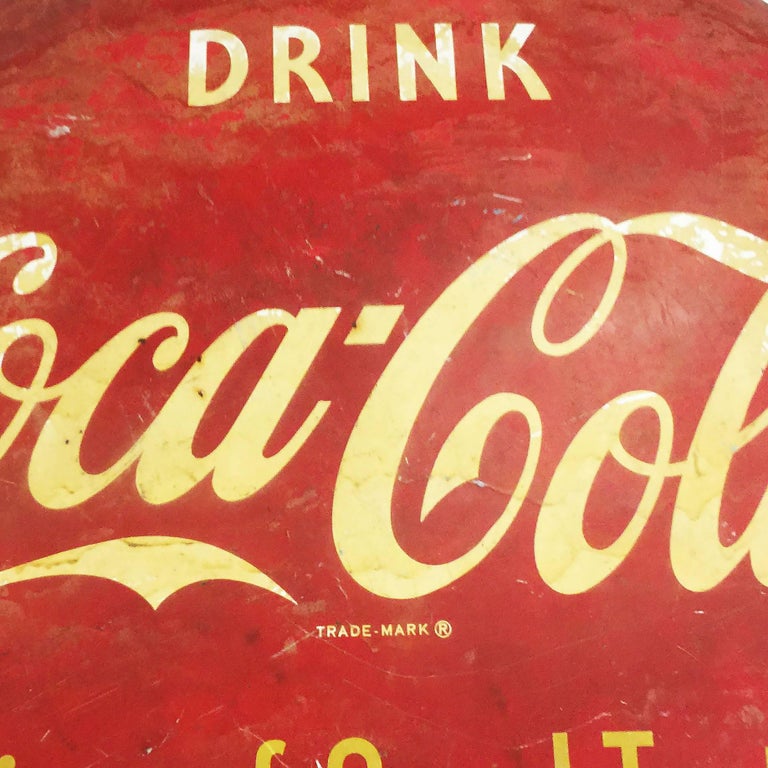 Coca Cola "Sign of Good Taste" Enameled Button Sign, circa 1953 at 1stDibs