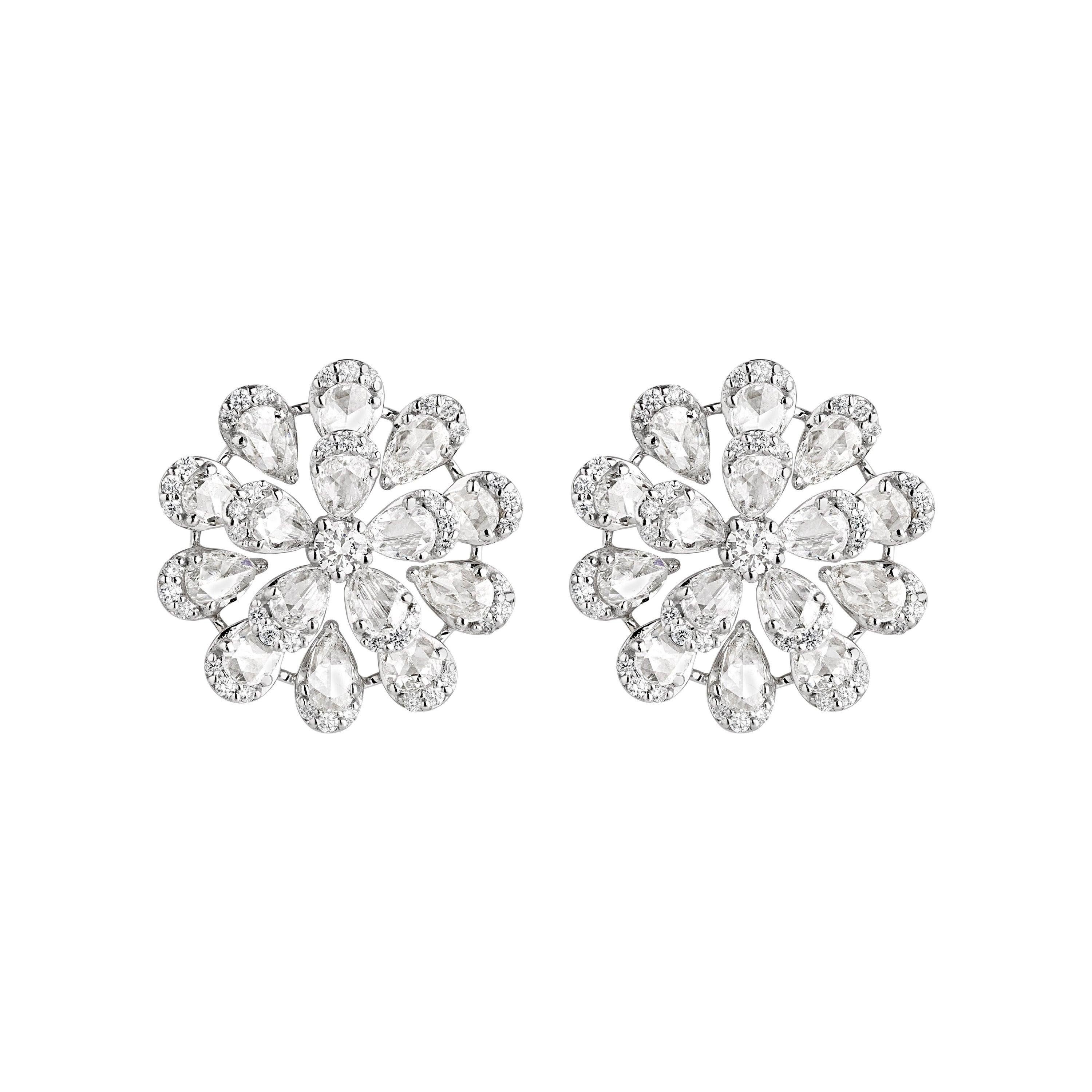 3.53 Carat Rose Cut and Round Brilliant Diamond Floral Stud Earrings ...