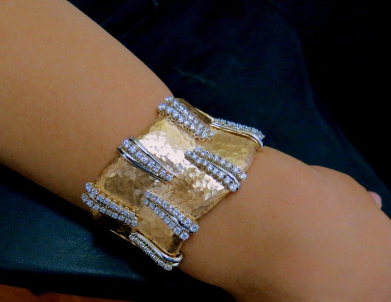 3.63ct Diamonds Bangle Cuff Bracelet 18kt Rustic Hammered Deco Spring ...