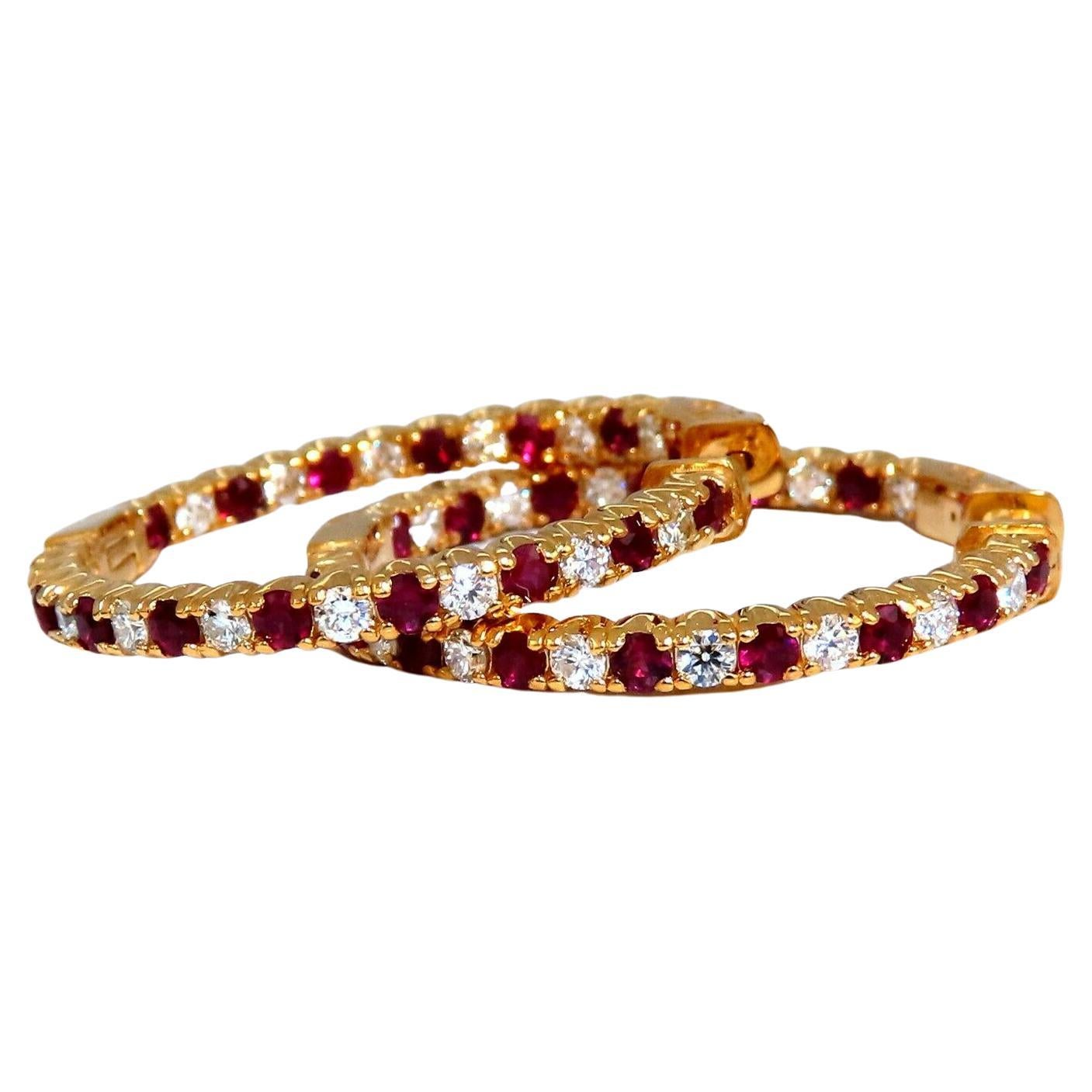 4.14ct Natural Ruby Diamonds Hoop Earrings 14kt Yellow Gold Inside Out ...