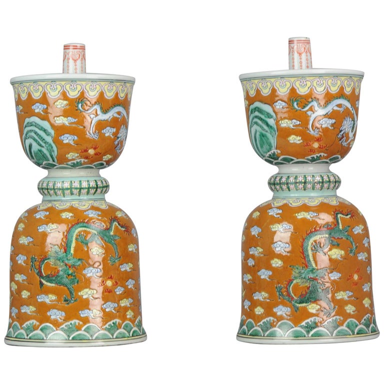 Couple Chinese Porcelain Oil Lamps 20th Century Dragons Ruyi Famille ...