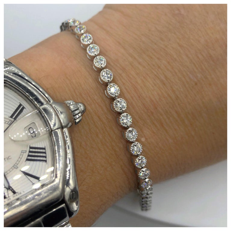 Conflict Free Diamond Bezel Tennis Bracelet 3.67 Carats in 14 Karat White Gold For Sale at 1stDibs