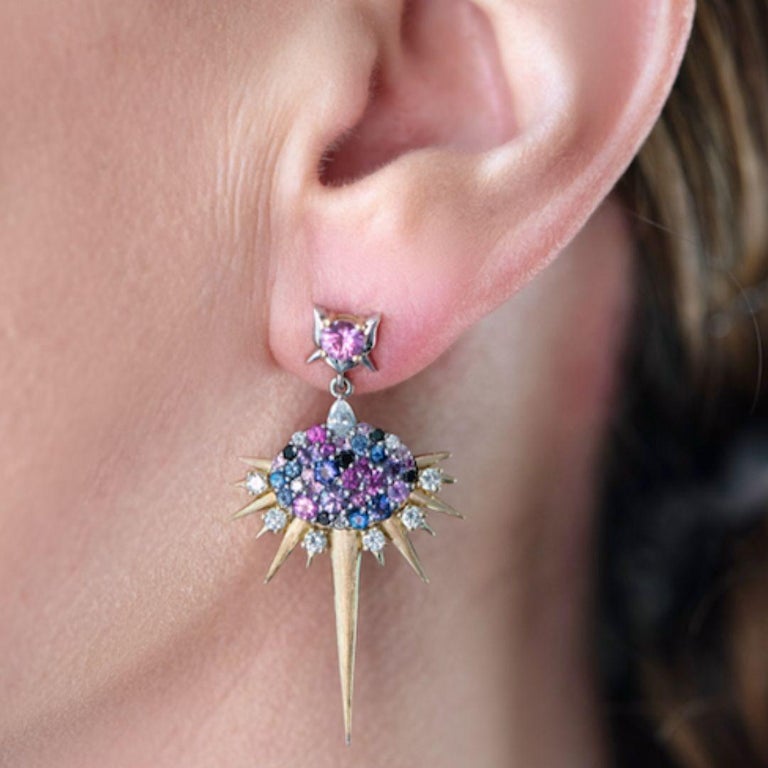3.68ct, 18ct Gold, Sapphire, Diamond, Black Diamond Spike Drop Earrings ...