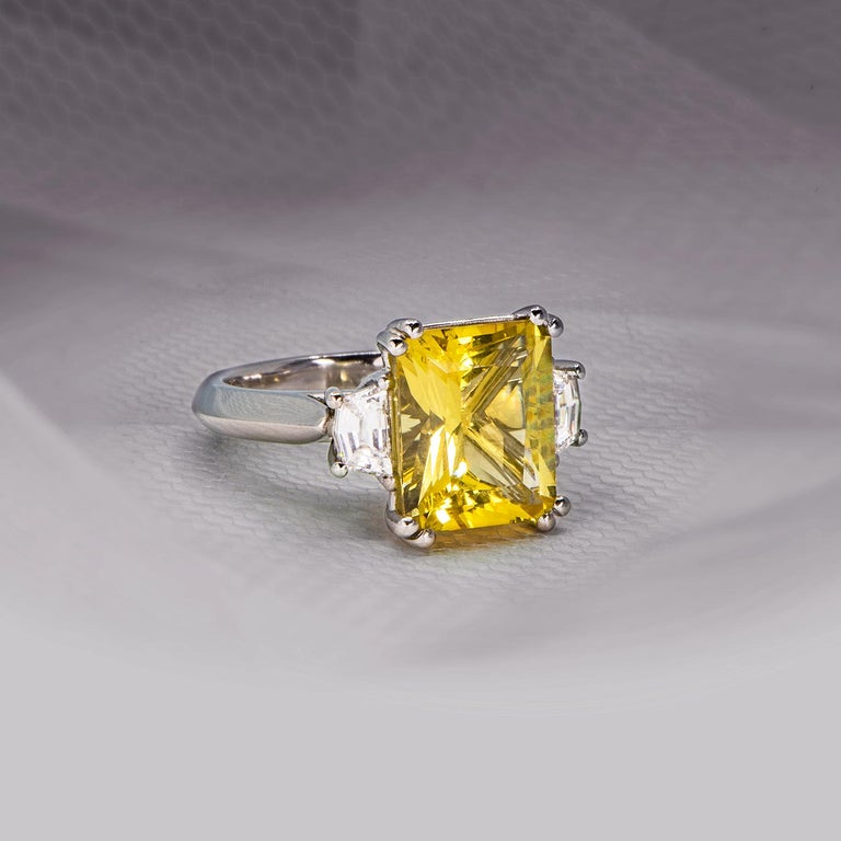 3.69 Carat Beryl Yellow Emerald Cut Diamond Three-Stone Ring Natalie ...