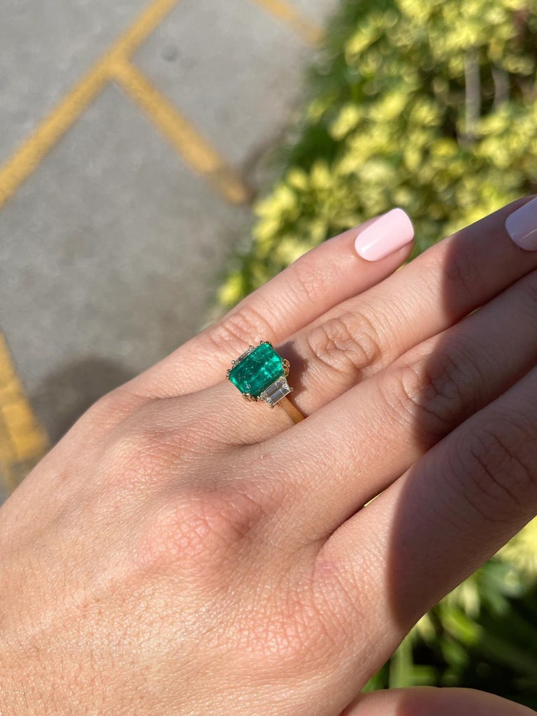 3.69tcw AAA Grade Emerald and Trapezoid Three Stone Ring Yellow Gold ...