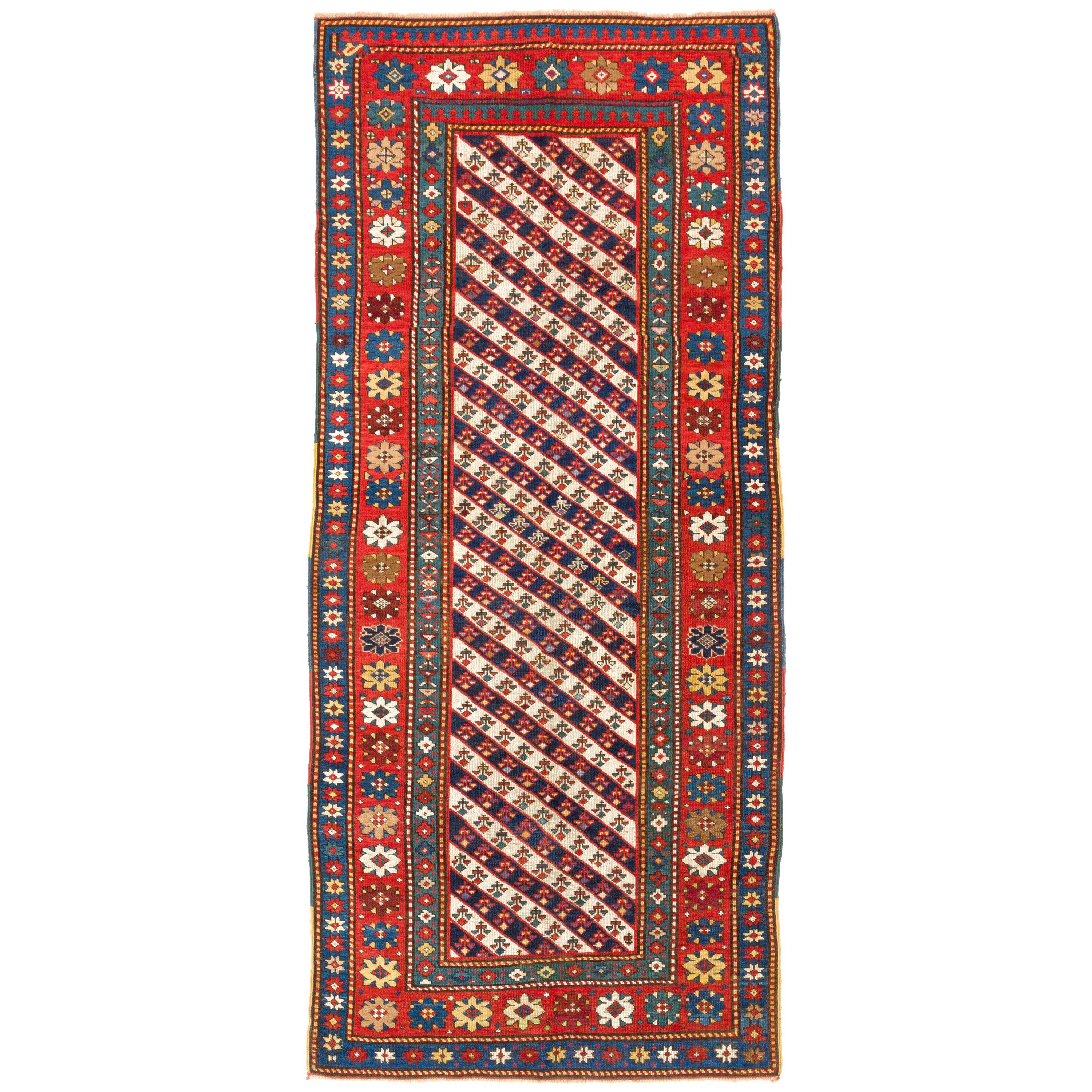 3.6x7.8 Ft Antique Handmade Gendje Long Wool Rug with Diagonal Stripes ...