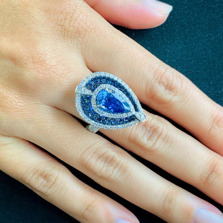 3.73 Carat Royal Blue Pear Sapphire 18 Karat White Gold Diamond Ring ...