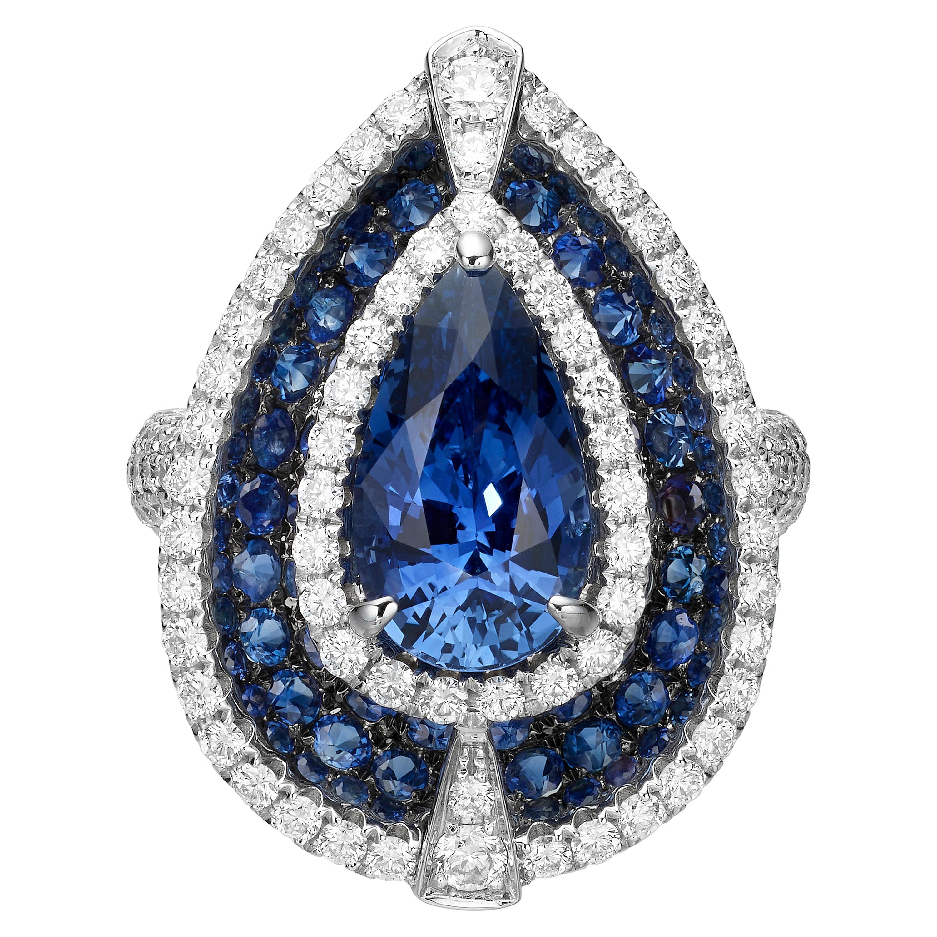 3.73 Carat Royal Blue Pear Sapphire 18 Karat White Gold Diamond Ring ...