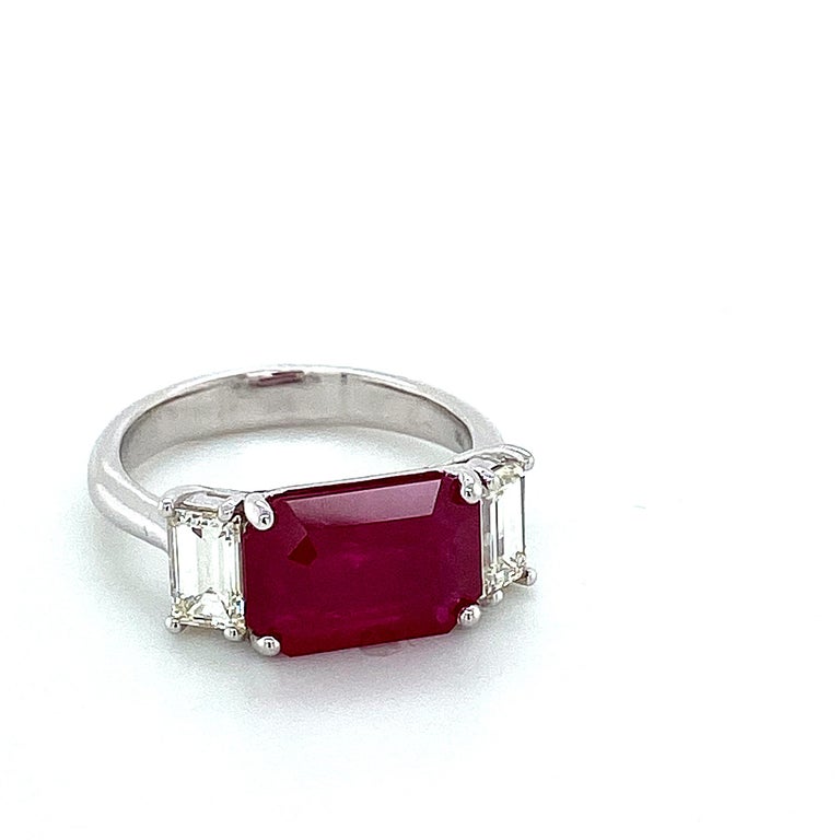 3.74 Carat Emerald Cut Burmese Ruby and Diamond Gold Engagement Ring For Sale at 1stDibs