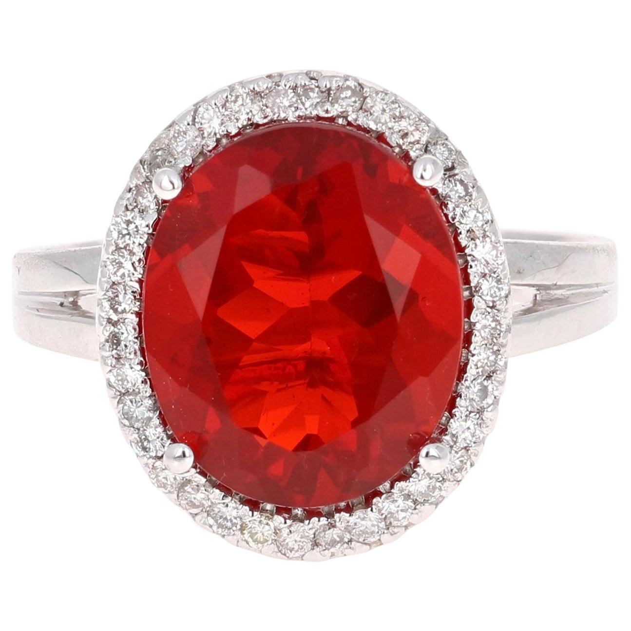 1.79 Carat Cushion Cut Fire Opal Diamond 14 Karat White Gold Ring For ...