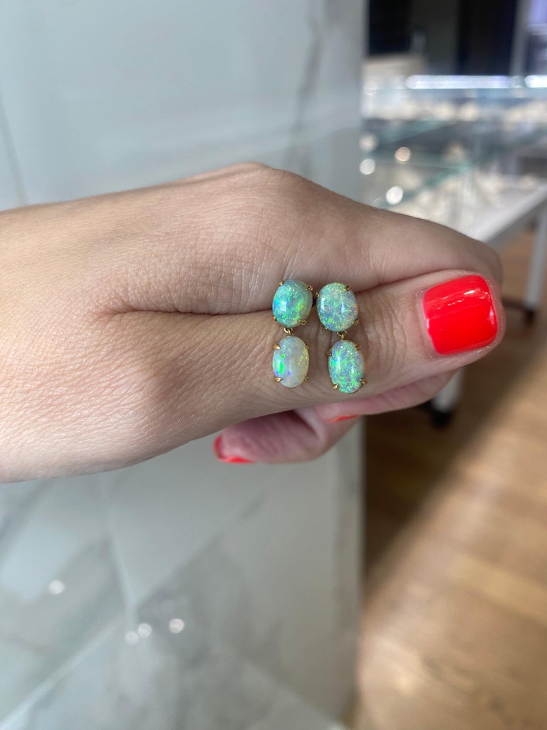 3.78 Carat Total Weight Multi Color Oval Opal Dangling 18k Yellow Gold ...