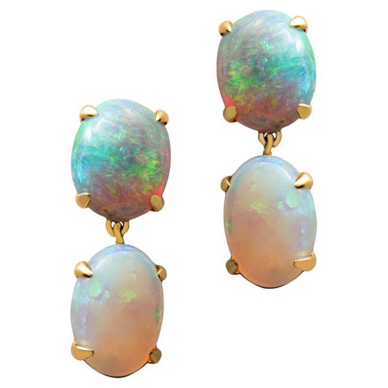3.78 Carat Total Weight Multi Color Oval Opal Dangling 18k Yellow Gold ...