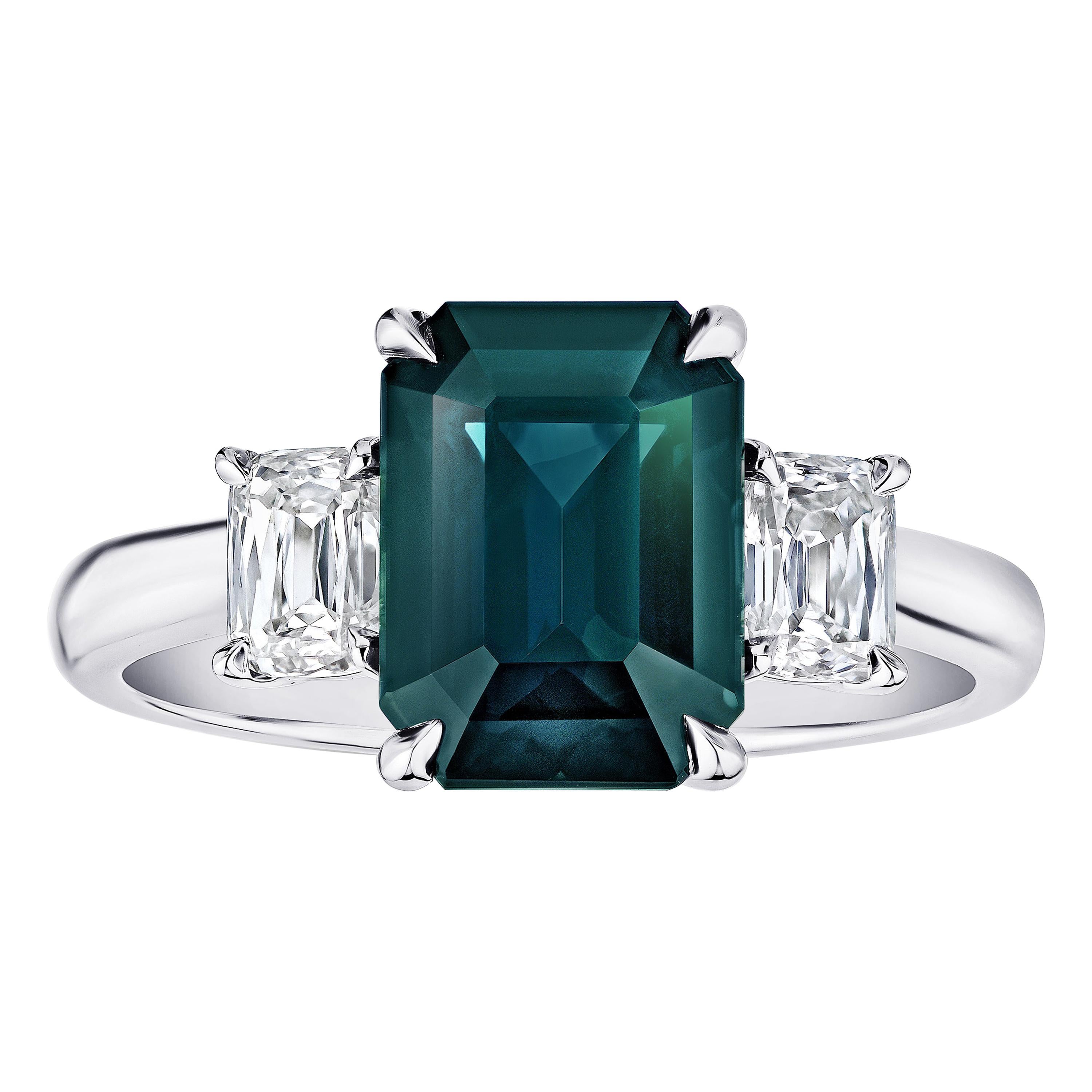 3.79 Carat Emerald Cut Green Sapphire and Diamond Ring For Sale at 1stDibs