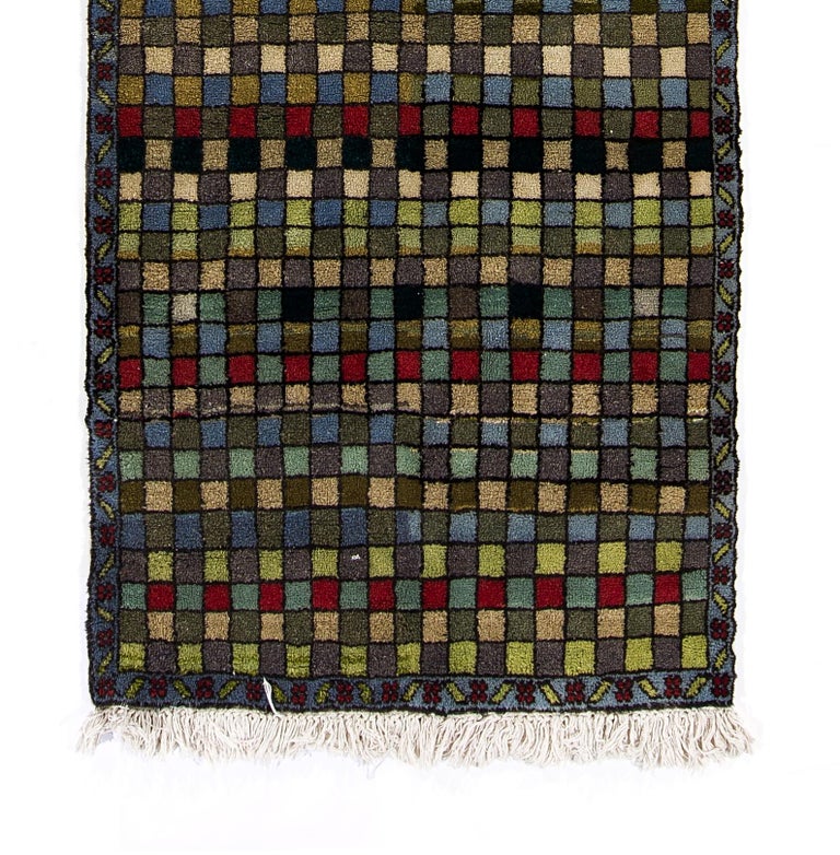 3.7x12.5 Ft Mid-Century Modern Checkered Handmade Turkish "Tulu "Wool ...