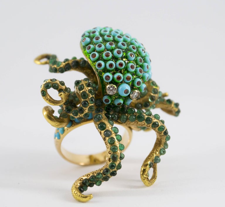 3.80 Carat Emerald Turquoise Garnet Diamond Yellow Gold Octopus ...
