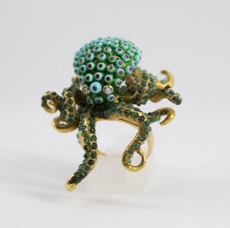 3.80 Carat Emerald Turquoise Garnet Diamond Yellow Gold Octopus ...