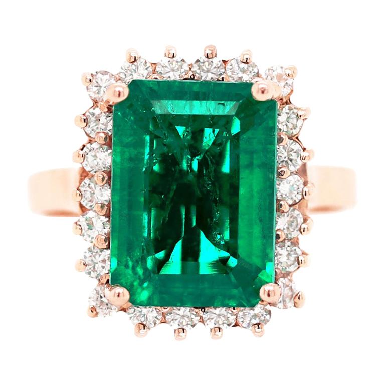 3.85 Carat Gilson Emerald Cut Emerald and Diamonds 14 Carat Rose Gold ...