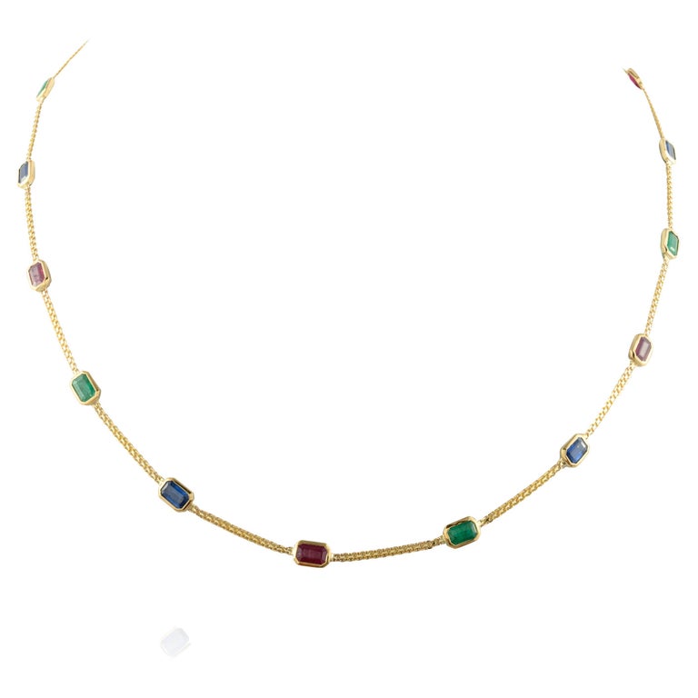 3.85 ct Emerald Ruby Sapphire Chain Necklace Inlaid in 18 Karat Yellow ...