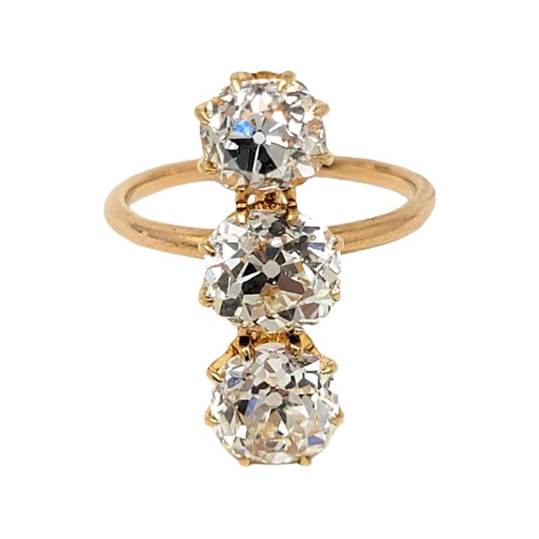 3.88 Carat Total Three-Stone Old Mine Cut Diamond Column Ring in 14 ...