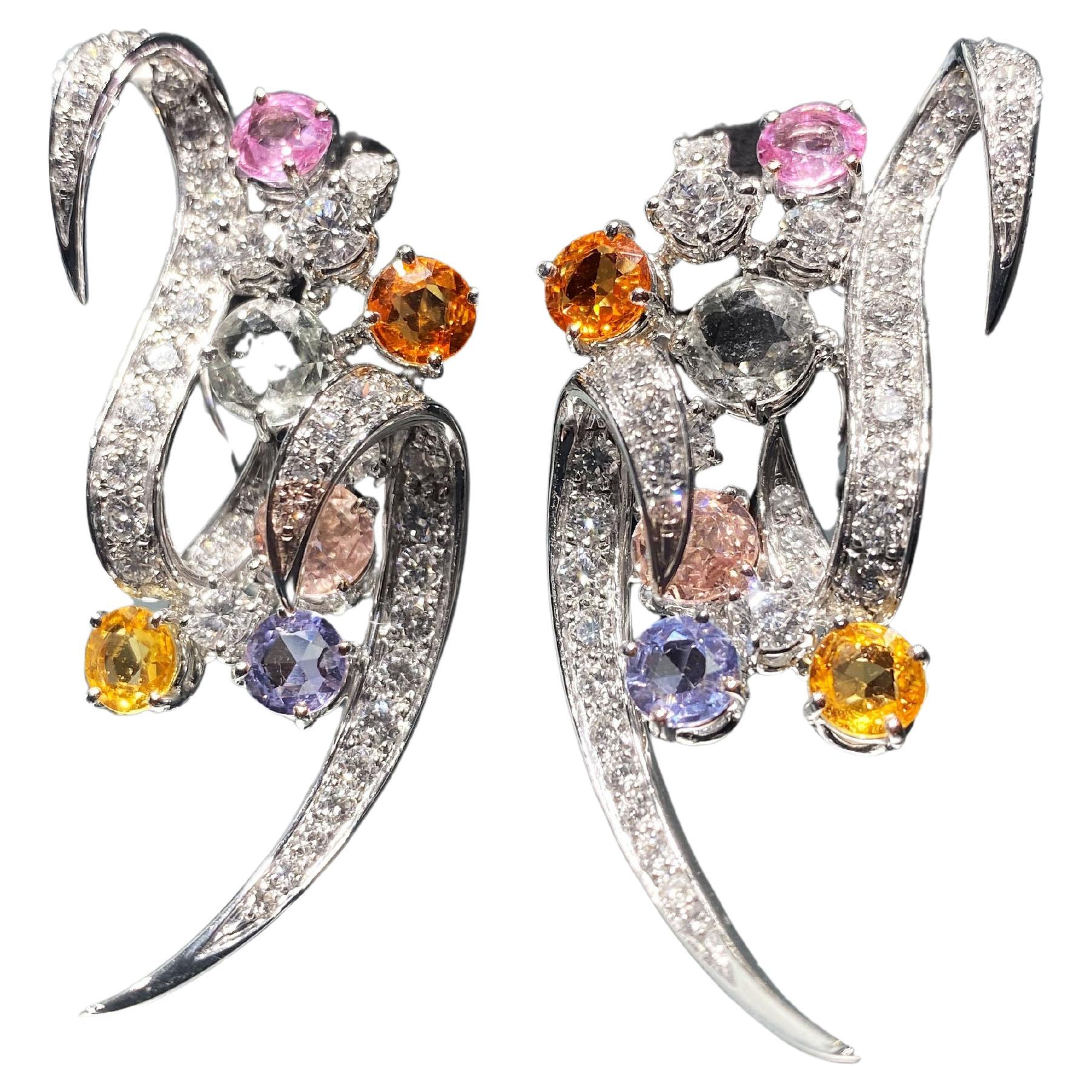 3.88 Ct Diamond 7.15 Ct Polychrome Sapphire SCAVIA REBECCA Earrings 18K ...