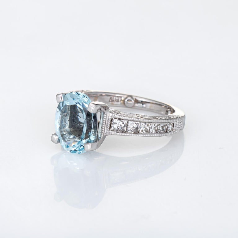 3ct Aquamarine Diamond Gemstone Engagement Ring Vintage 18k White Gold ...