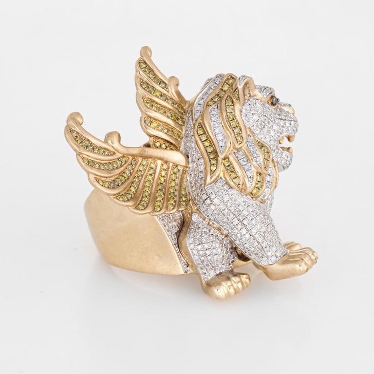 3 Carat Diamond Winged Lion Ring Griffon Vintage 14 Karat Yellow Gold ...