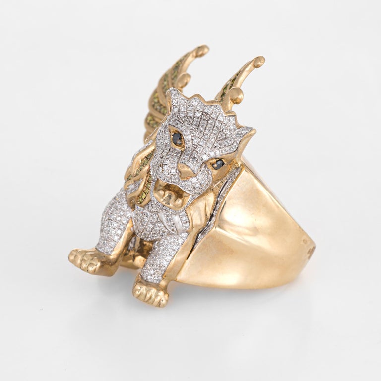 3 Carat Diamond Winged Lion Ring Griffon Vintage 14 Karat Yellow Gold ...