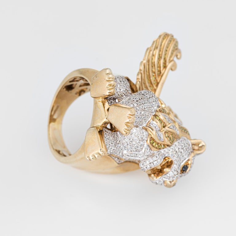 3 Carat Diamond Winged Lion Ring Griffon Vintage 14 Karat Yellow Gold ...
