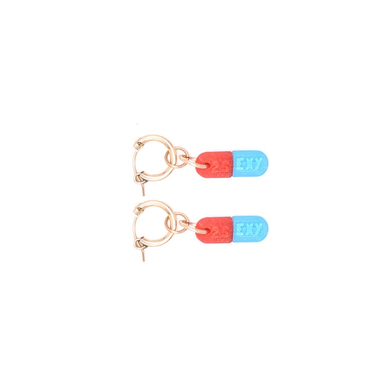 3d Printed Painkiller Pill Earrings Red and Blue For Sale at 1stDibs