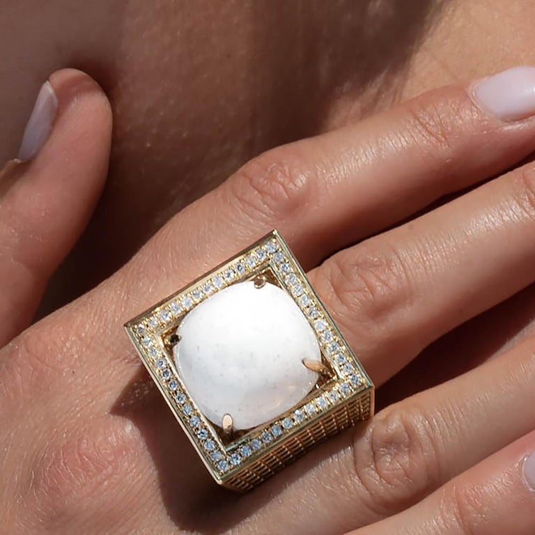 14 Karat Yellow Gold, Statement Unique Contemporary Ring, White Agate ...