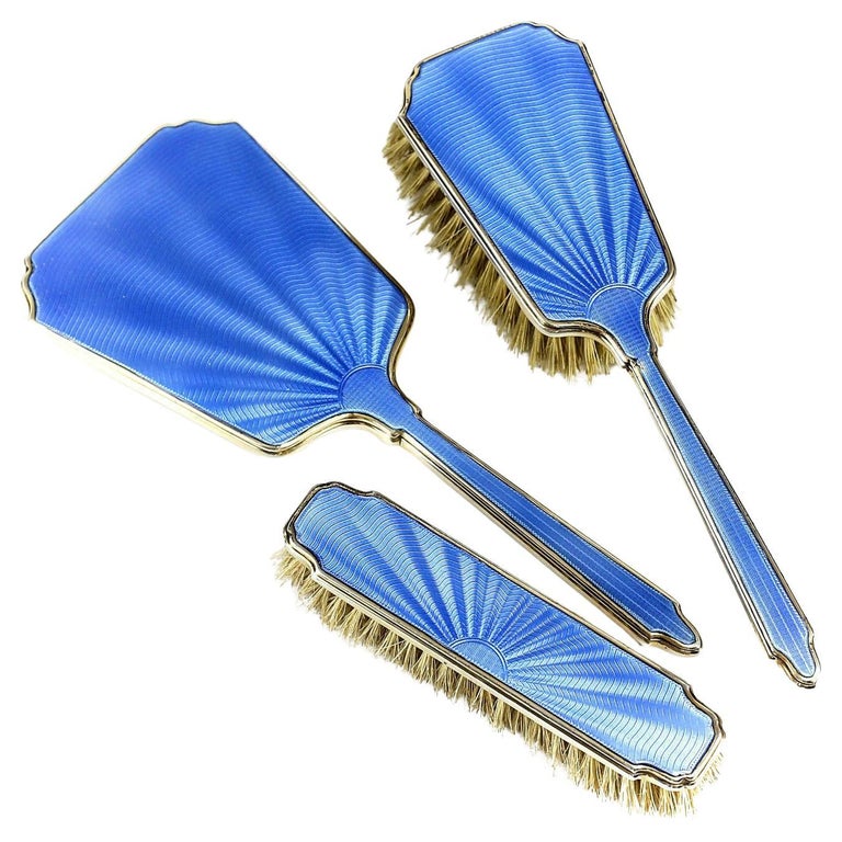 3pc Elkington and Co Birmingham Sterling Silver and Enamel Vanity Set ...
