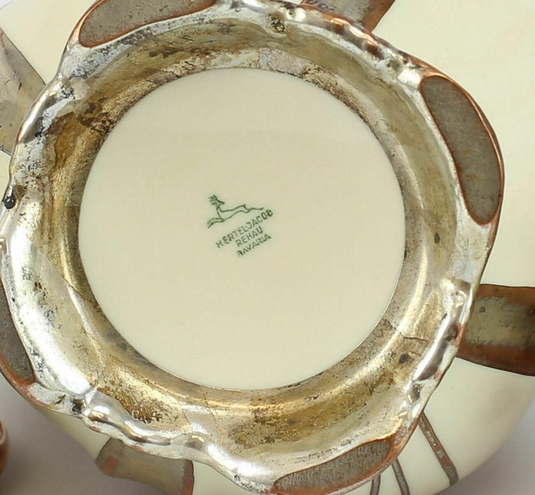 3pc Hertel Jacob Bavaria Germany Silver on Copper Porcelain Feet Coffee ...