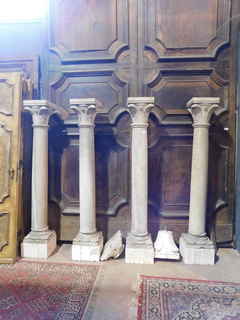 4 Antique Botticino Stone Columns, Bases and Sculpted Capitals, 1700 ...