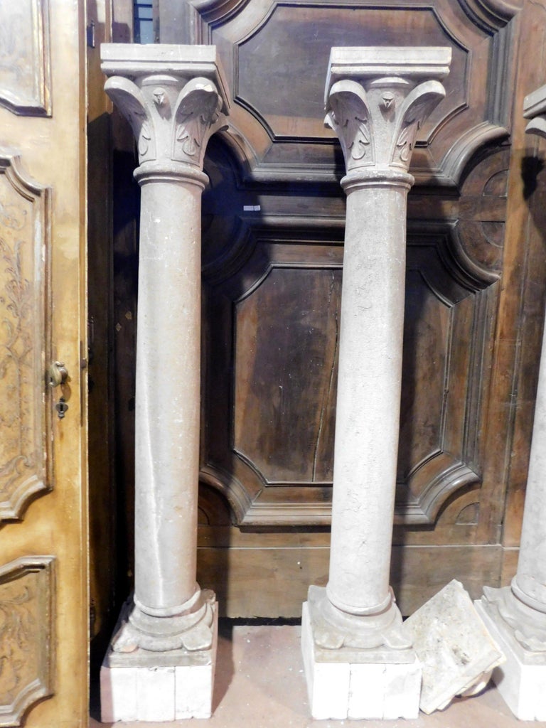 4 Antique Botticino Stone Columns, Bases and Sculpted Capitals, 1700 ...