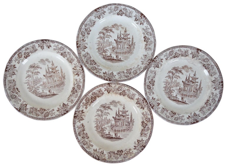 4 Antique William Brownfield Madras Ironstone Brown Transferware Plates ...