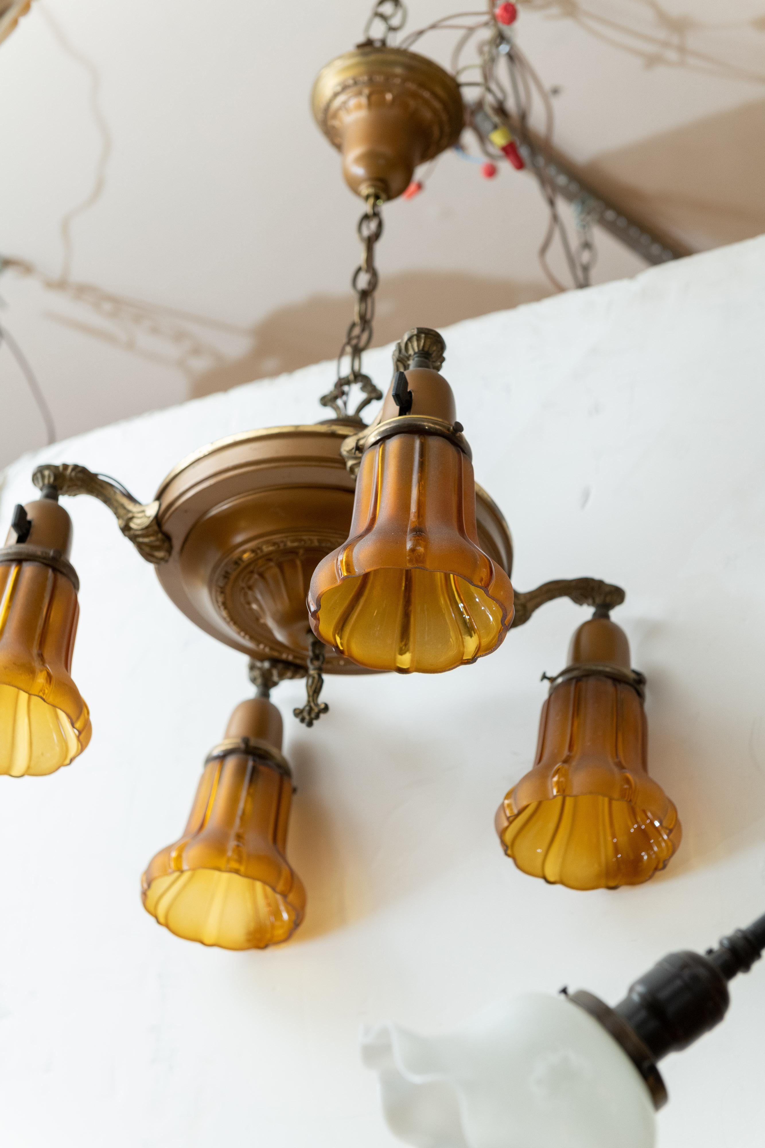 4-Arm Chandelier with Original Glass Shades, circa 1920 at 1stDibs