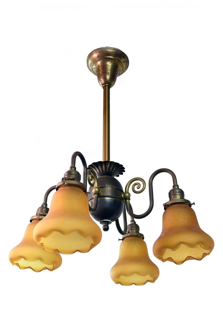 4 Arm Swirling Brass Fixture with Scalloped Shades at 1stDibs